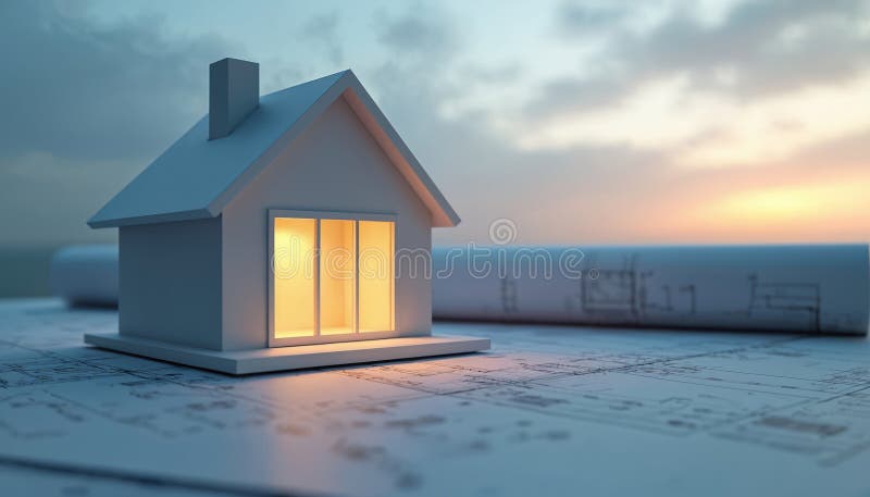 Model House on Blueprint. Lit Window. Architectural Design Concept for ...