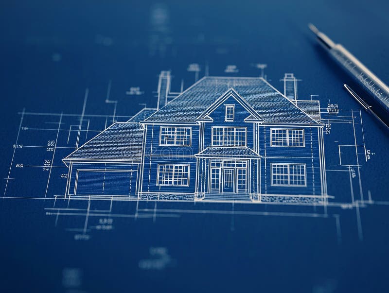 Model House on Blueprints with Drawing Instruments in Miniature Stock ...