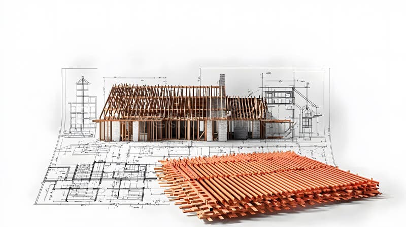 Model House with Blueprints and Timber Materials Stock Illustration ...