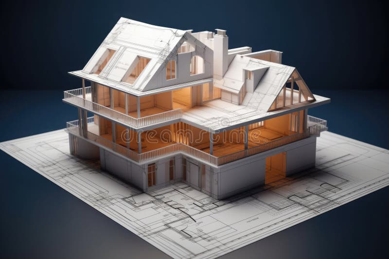 Model of House Building Standing on Architectural Project. Generative ...