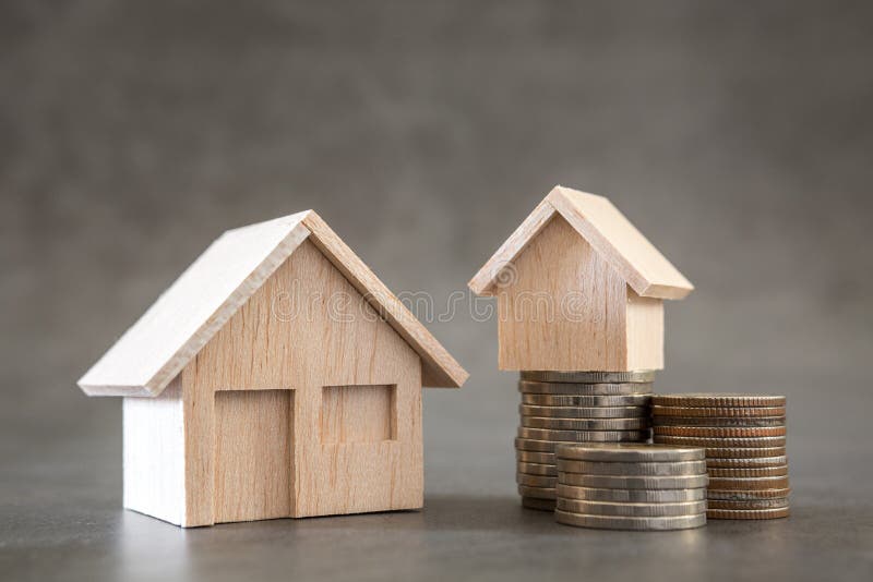 Model House, Coins Stack on Loft Walls with Sunlight and Copy Space for ...