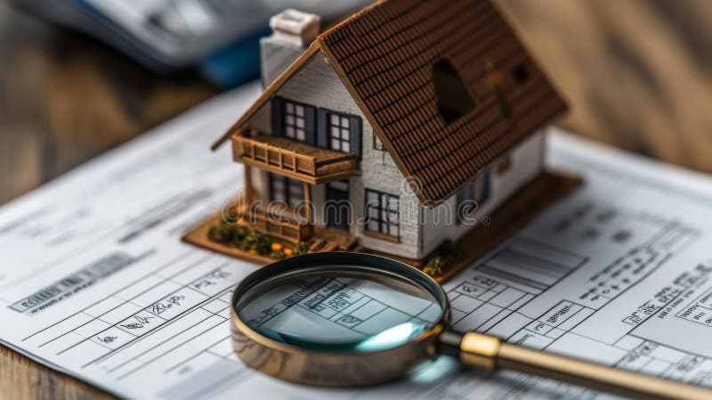 Model House on Documents with Magnifying Glass Stock Illustration ...