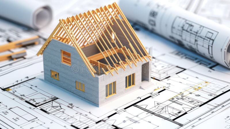 Model House with Exposed Roof Framing on Blueprints Stock Image - Image ...