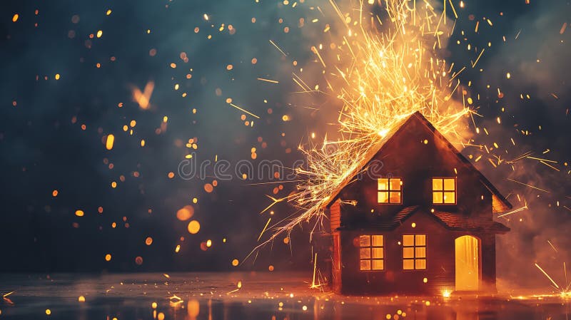 Model House with Fiery Sparks Flying Stock Illustration - Illustration ...