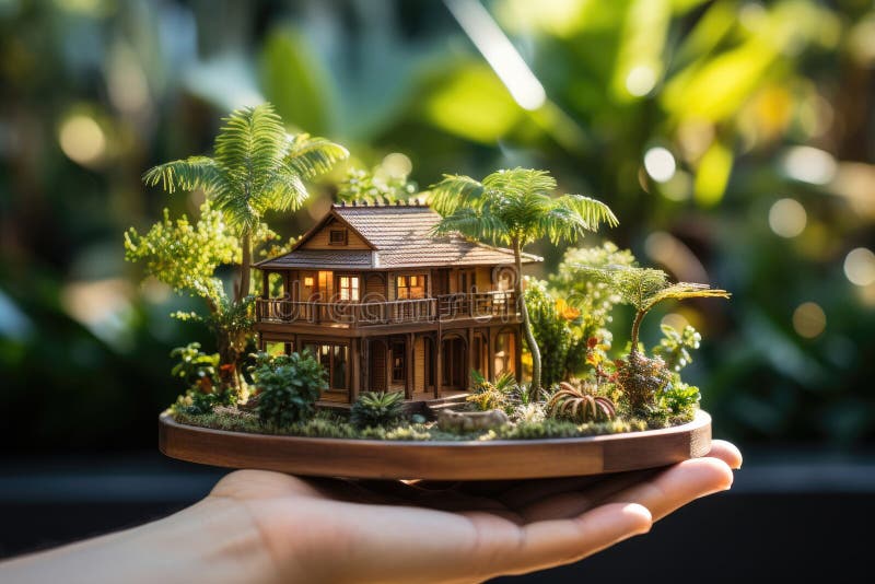 Model of a House with a Garden on a Man S Hand Stock Illustration ...