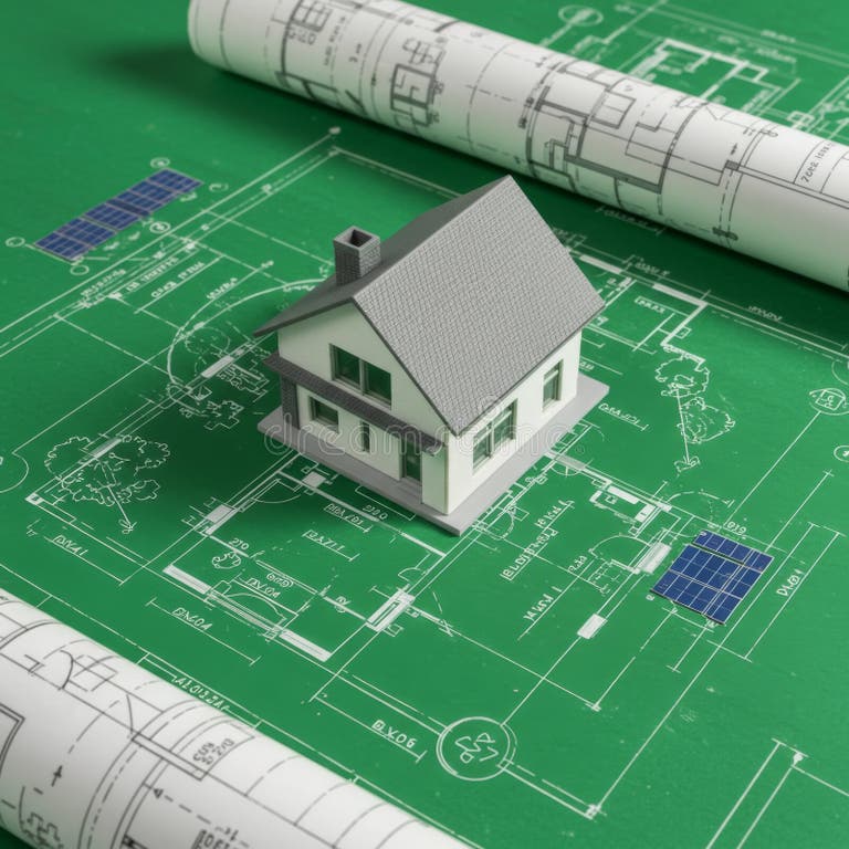 Model House on Green Blueprint with Solar Panel Design Stock ...