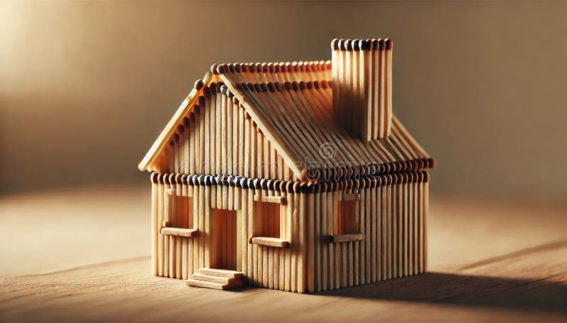 Model House Made of Matches Standing on Wooden Table Stock Illustration ...