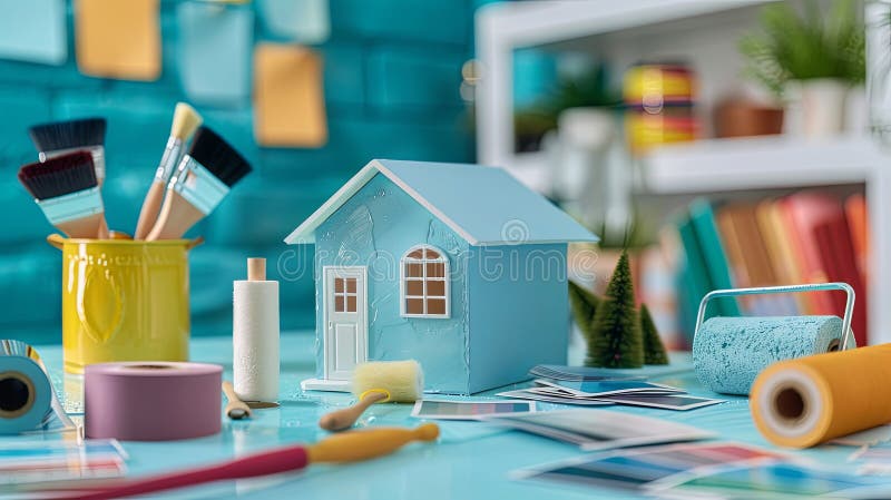 A Model House with Paint Brushes, Rollers, and Masking Tape on a Desk ...