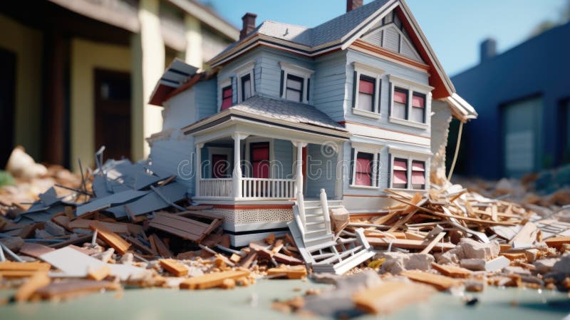 A Model House Placed on a Pile of Rubble. Suitable for Construction ...
