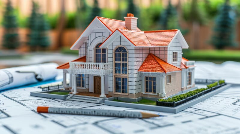 A Model House Sits on Architectural Blueprints with a Pencil Stock ...