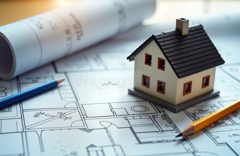 Model House Sits on Architectural Blueprints. Planning Renovation of ...