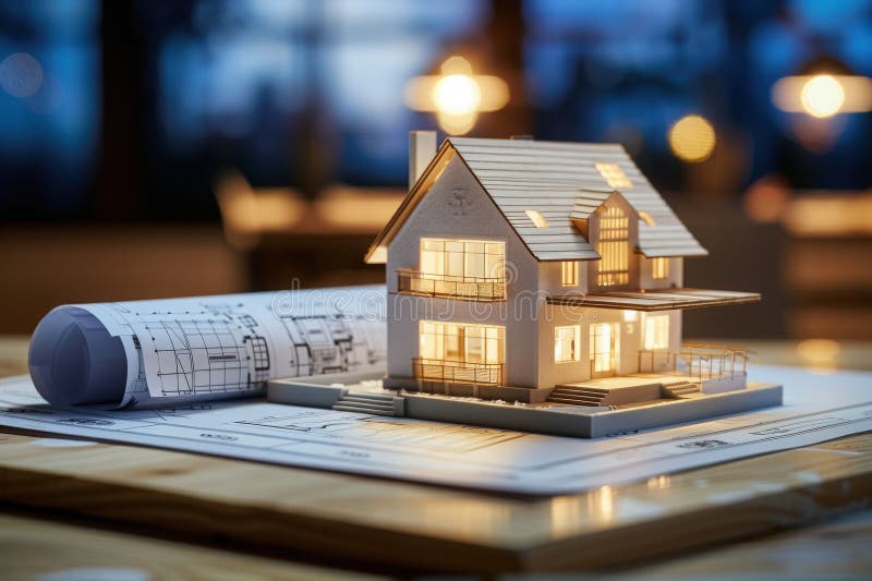 A Dream Home Takes Shape a Model House and Blueprint Stock Illustration ...