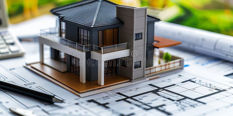 A Model House is Sitting on Top of a Blueprint Stock Image - Image of ...