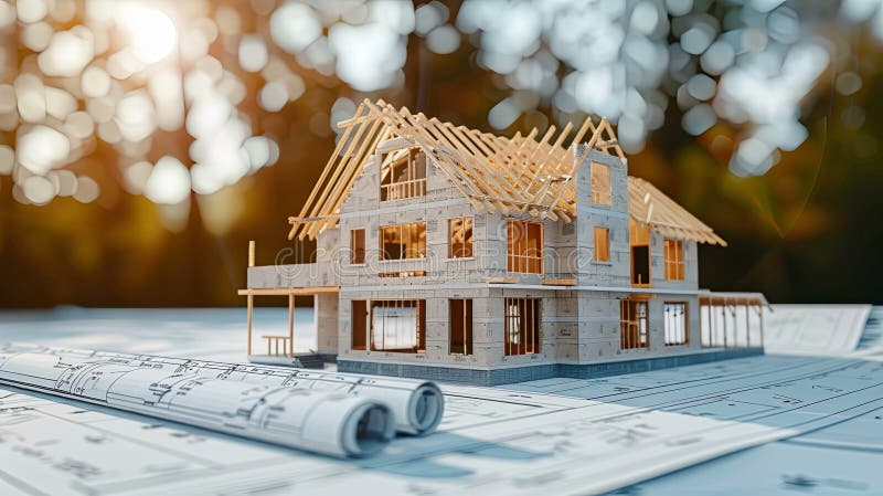 Model of a House Under Construction Placed on Architectural Blueprints ...