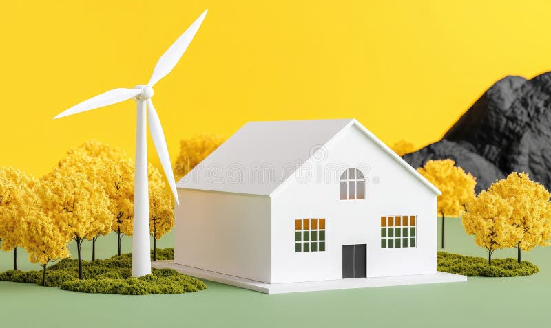 A Model House with a Wind Turbine Surrounded by Colorful Trees on a ...