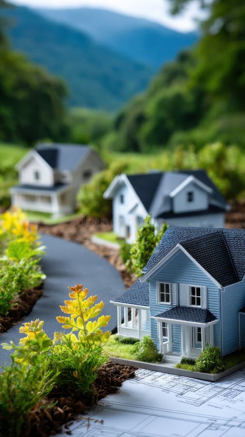 Model Houses on a Blueprint in a Scenic Landscape Setting Stock Photo ...