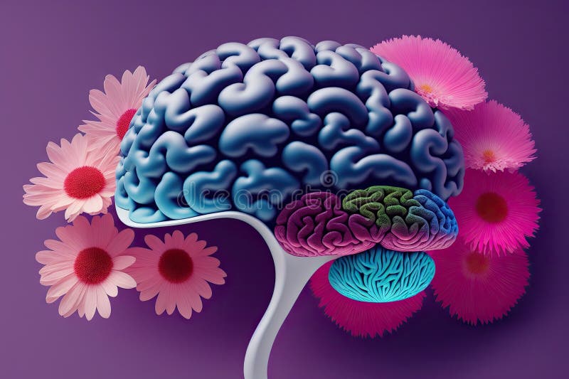 A Model of a Human Brain with Flowers on it, Generative Ai 3d Stock ...