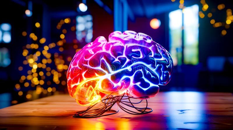 Model of Human Brain on Table with Colorful Light Coming Out of it ...