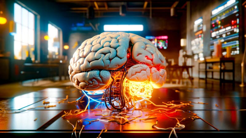 Model of Human Brain on Table with Wires in the Foreground. Generative ...