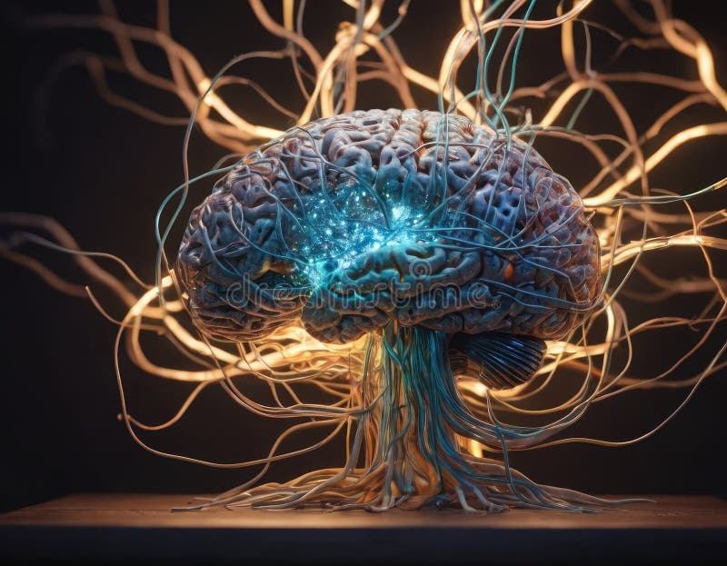 Model of Human Brain Tree with Glowing Impulses and Electric Lines ...