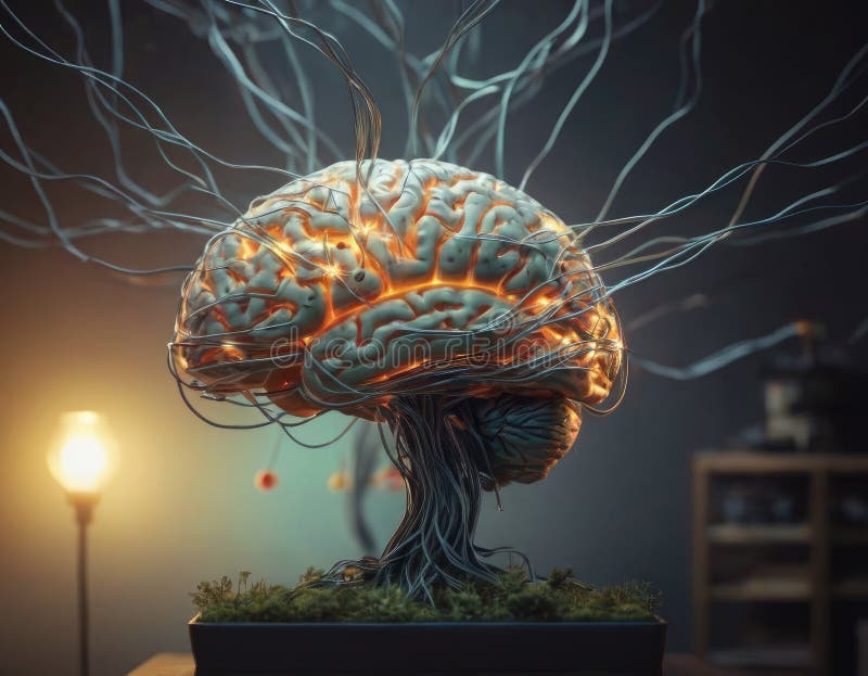 Model of Human Brain Tree with Glowing Impulses and Electric Lines ...