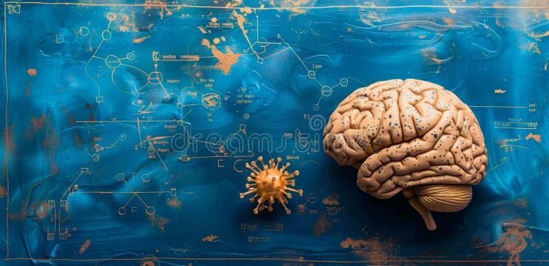 A Model of the Human Brain and a Virus Model Rest on a Blue Surface ...