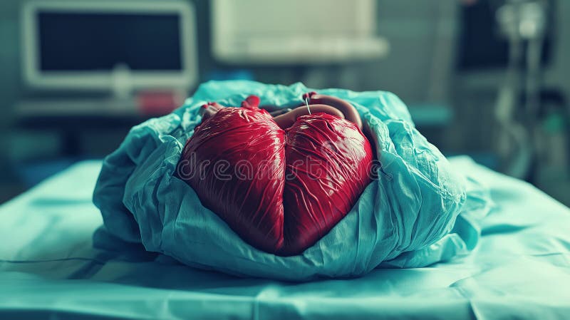 Model of a Human Heart is Placed on Blue Surgical Drapes in the ...
