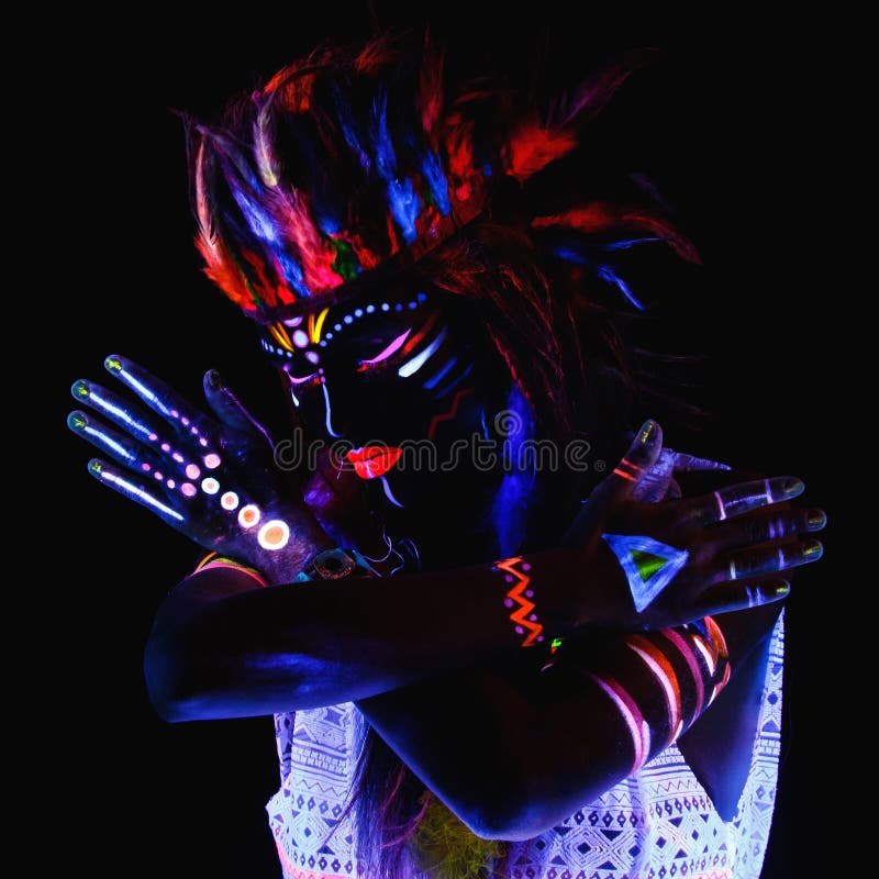 Model in Image of Native American with Neon Makeup, Which Made of ...