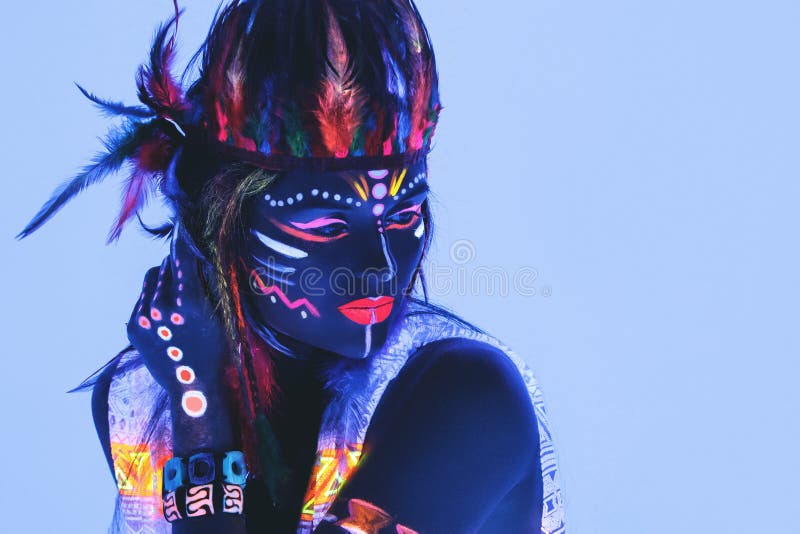 Model in Image of Native American with Neon Makeup, Which Made of ...