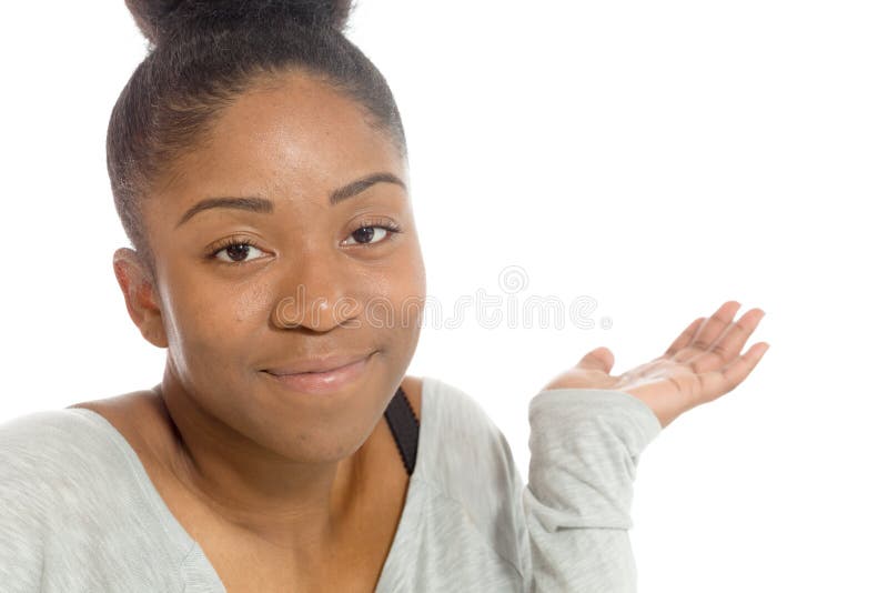 Model Isolated Hand Gesture Presenting Stock Photo - Image of happiness ...