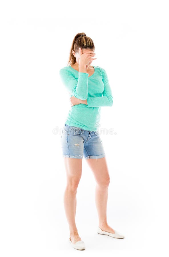 Model Isolated on Plain Background Ashamed Hiding Stock Image - Image ...