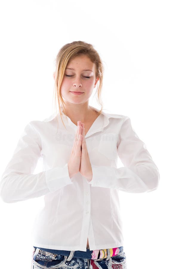 Model Isolated on Plain Background Praying Wishing Stock Image - Image ...