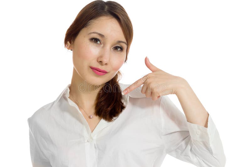 Model Isolated Pointing To Herself Stock Photo - Image of female ...