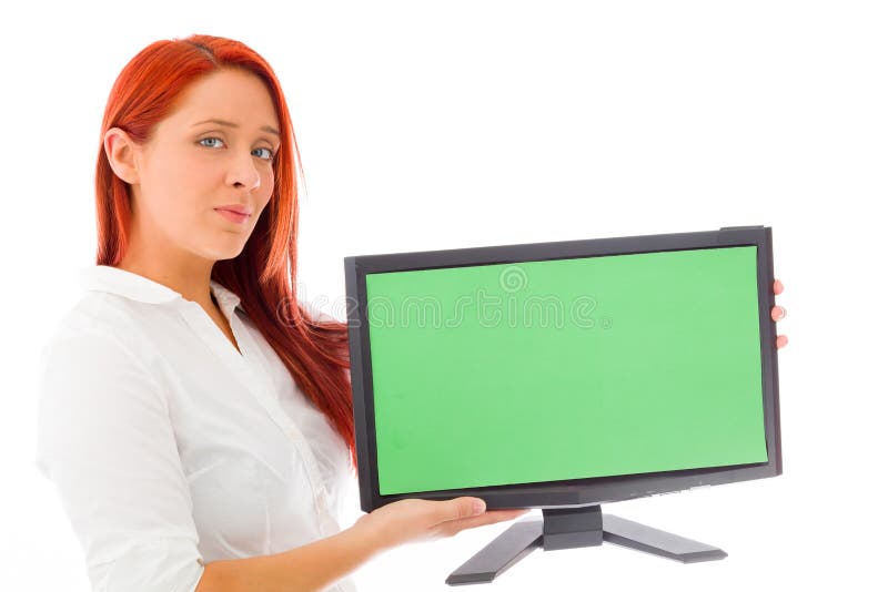 Model Isolated on White Holding Blank Screen Stock Photo - Image of ...
