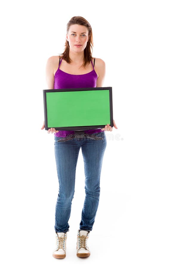 Model Isolated on White Holding Blank Screen Stock Photo - Image of ...