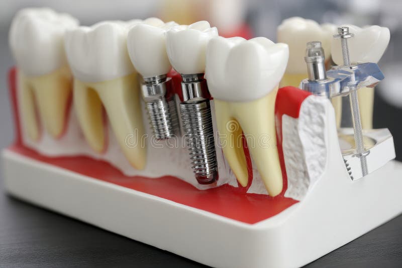 Detailed View of Dental Implant Placement in a Model Jaw Demonstrating Teeth and Support ...