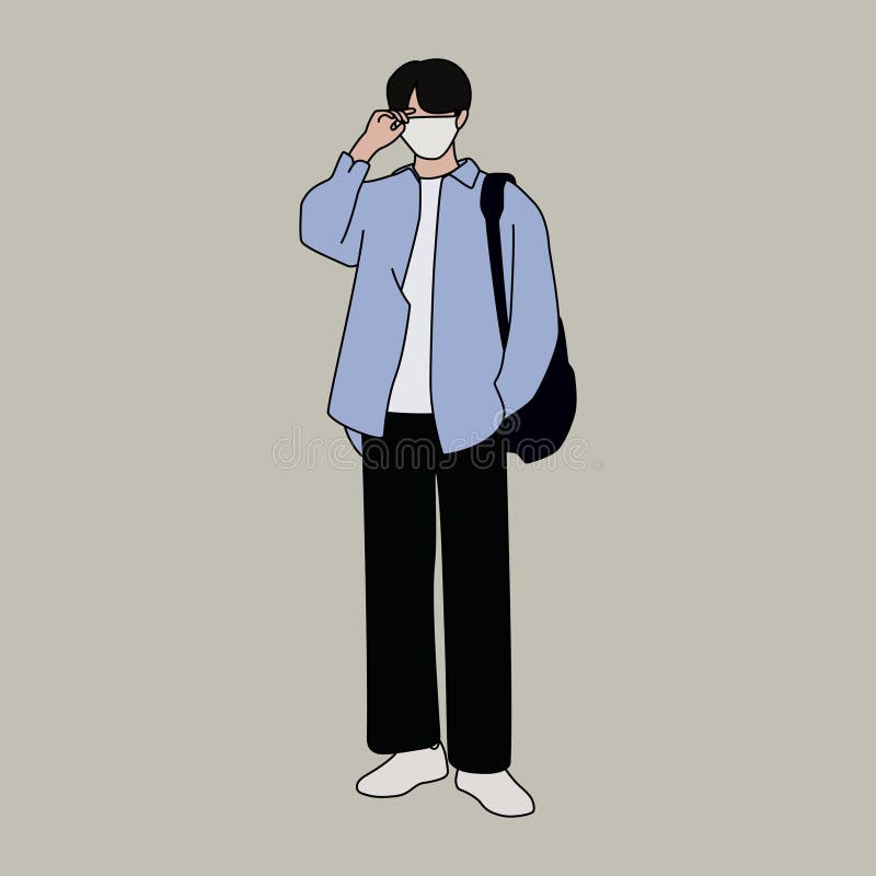 Faceless Korean Boy Wearing Mask and Blue Shirt, Casual Young Man ...