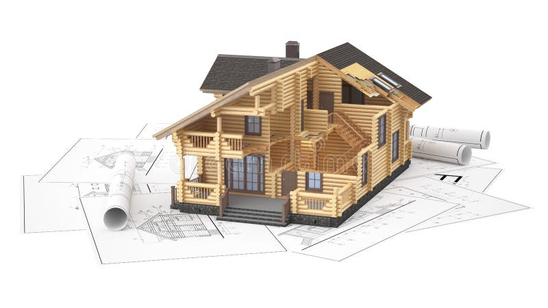 The Model of a Log House on the Background Drawings Stock Illustration ...
