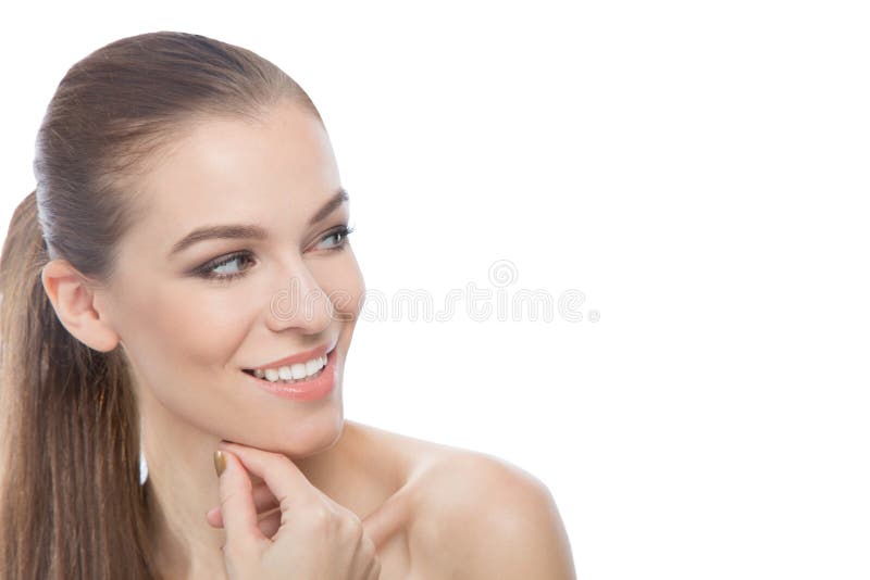 Model Looking on Her Left with Copyspace on White Background Stock ...