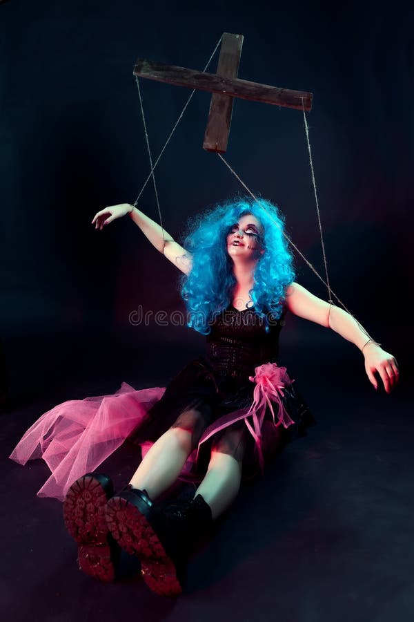 Model with Makeup in Form of Marionette Doll on Dark Background Stock ...