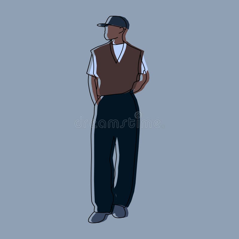 Minimalist Line Art of Stylish Man Wearing Vest and Cap, Trendy Male ...