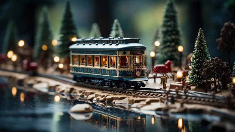 Model Miniature Trolley Train Set and Snowy Christmas Decorated Town Setting. Generative AI ...