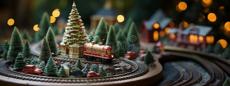 Model Train Set and Snowy Christmas Decorated Town Setting. Generative ...