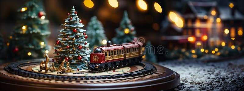 Model Miniature Trolley Train Set and Snowy Christmas Decorated Town ...