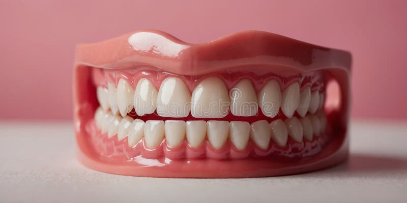 A Model of a Mouth with Fake Teeth and a Pink Background. Stock ...