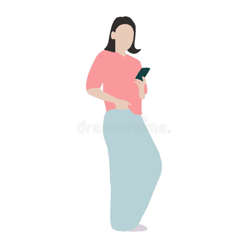 Flat Minimal Woman Holding Smartphone in Casual Pose Stock Vector ...