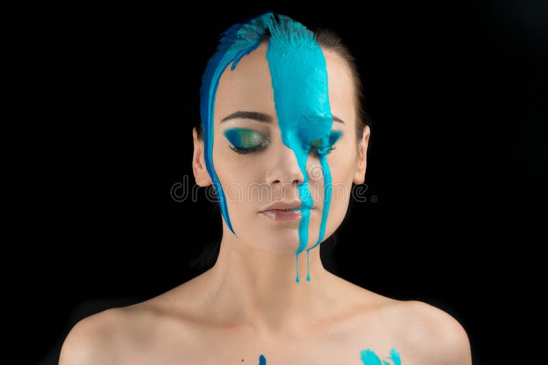 Model Paint on the Face. Blue Makeup Stock Image - Image of fashion ...
