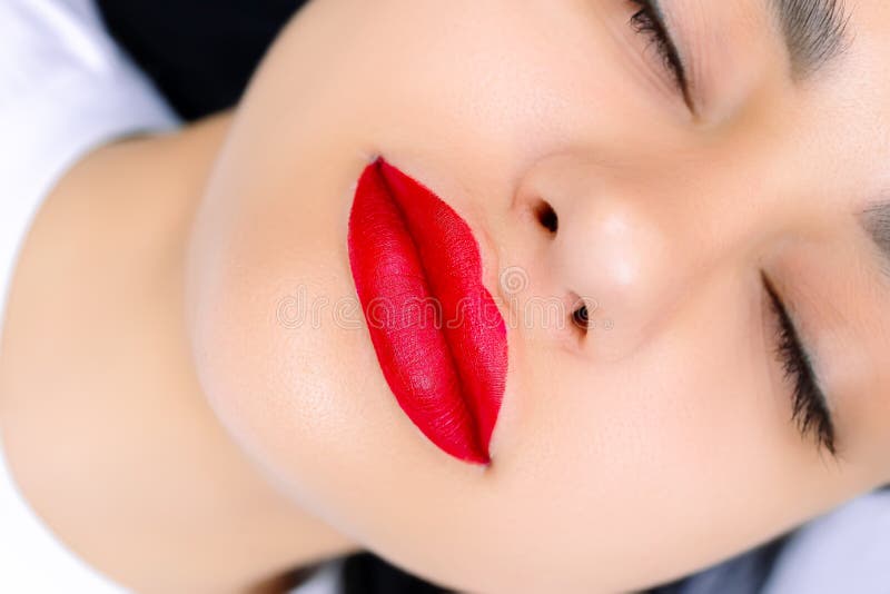 Model with Painted Red Lips before Permanent Lip Makeup Procedure Stock ...