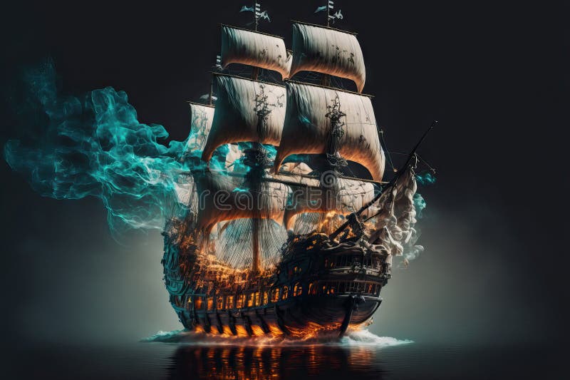 Model of a Pirate Ship with Water and Fog Stock Illustration ...
