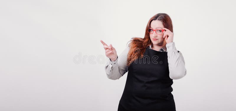 Model Pointing on the Left and Looking on Something Stock Photo - Image ...